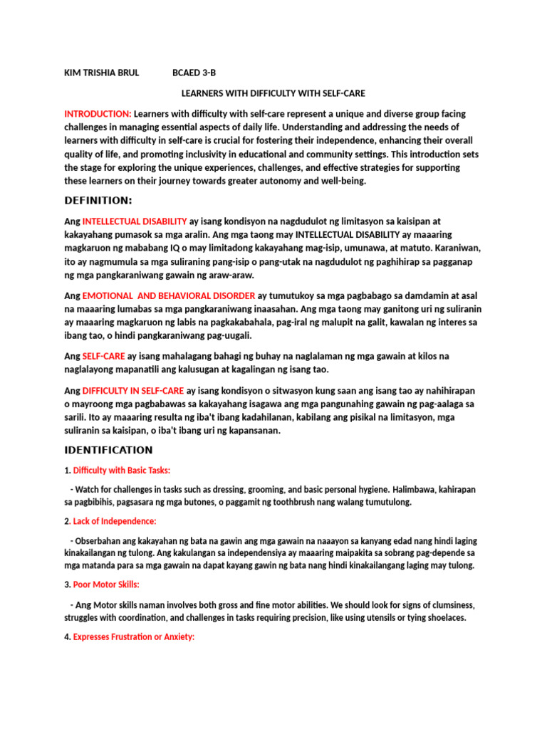 LEARNERS WITH DIFFICULTY WITH SELF-CARE Script | PDF