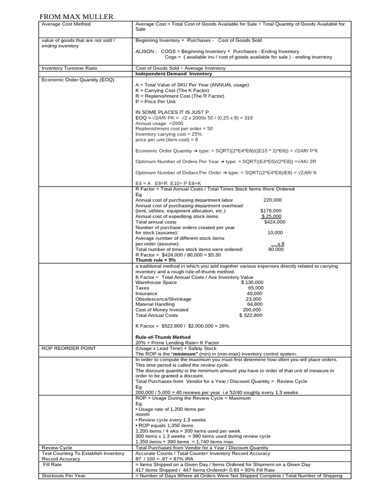 Formula Inventory and Supply Chain | PDF | Inventory | Cost Of Goods Sold