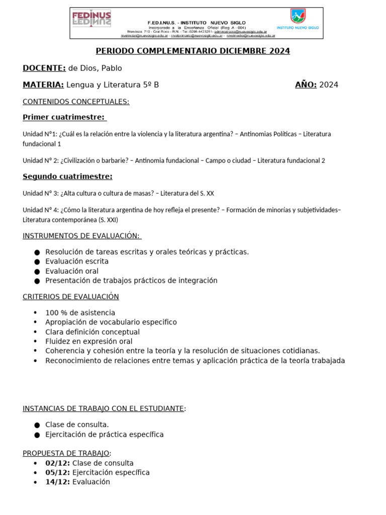 Periodo Complementario 2024 5º | PDF