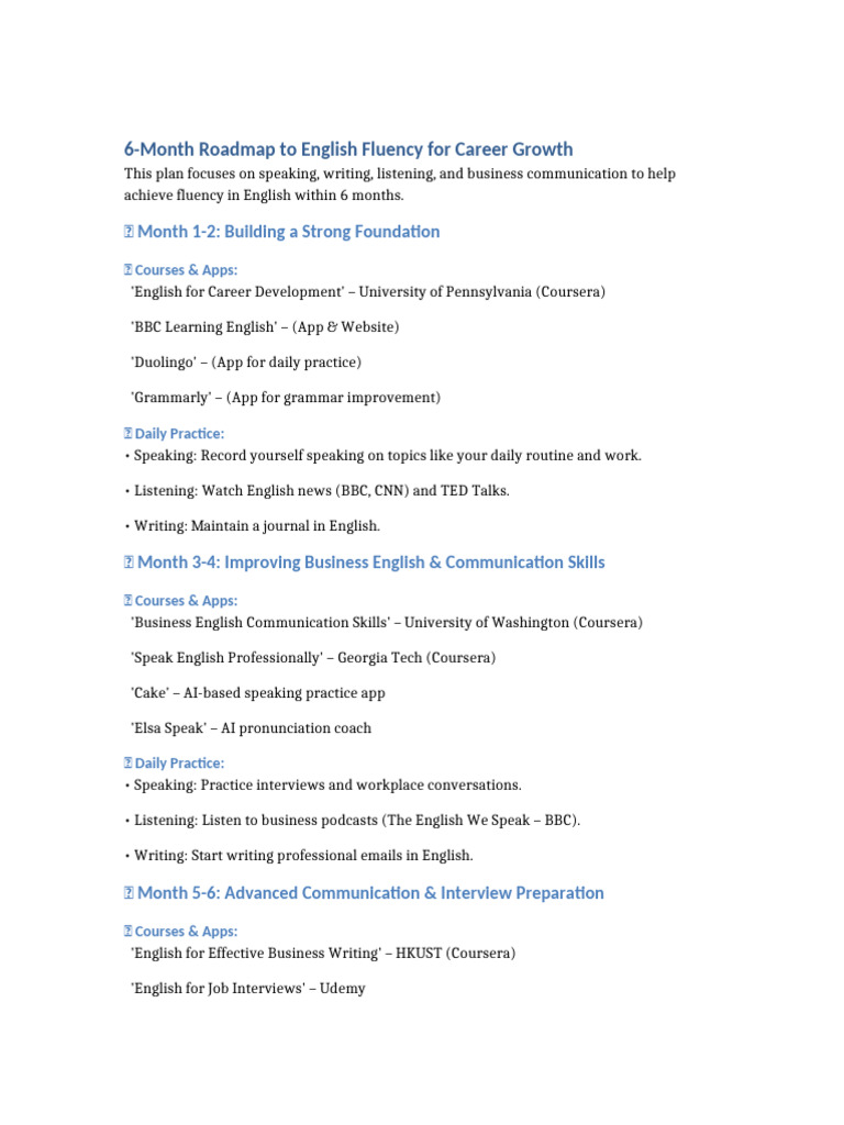 6-Month English Fluency Roadmap | PDF