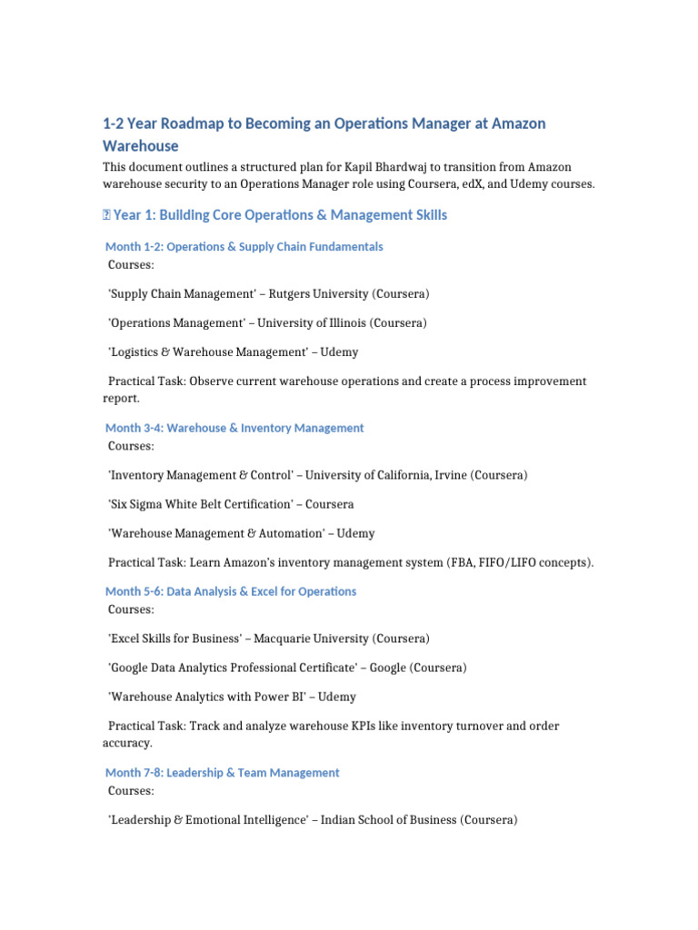 Amazon Operations Manager Roadmap | PDF | Warehouse | Analytics