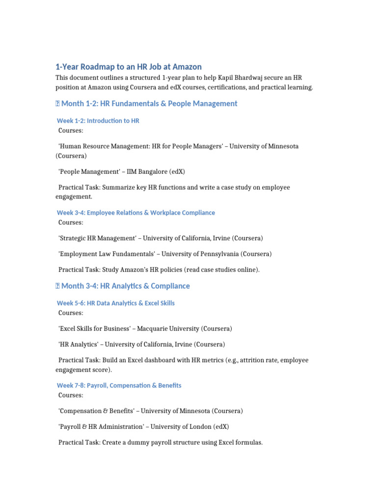 1-Year Plan for Amazon HR Job Success | PDF | Business | Organizational ...