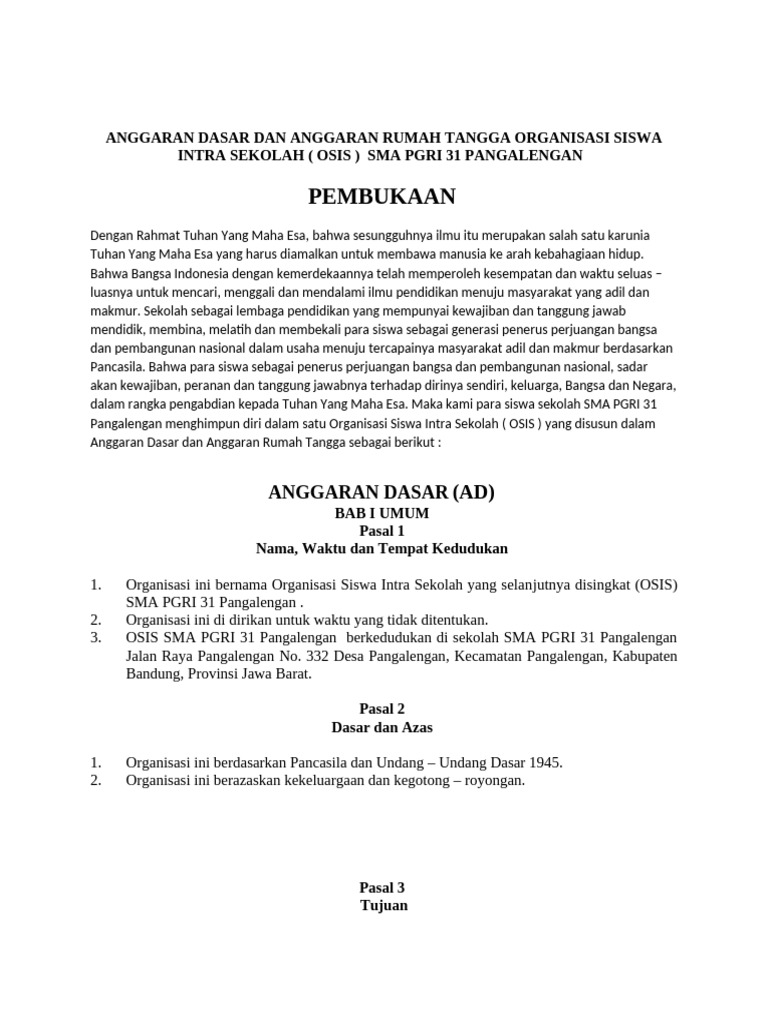 AD ART OSIS SMA PGRI 31 Pangalengan 2024 | PDF