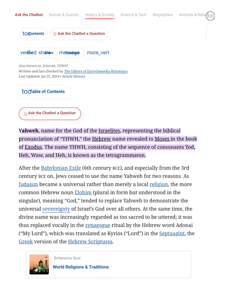 Yahweh - YHWH, Adonai, Elohim, Meaning, & Facts - Britannica | PDF | Tetragrammaton | Jehovah