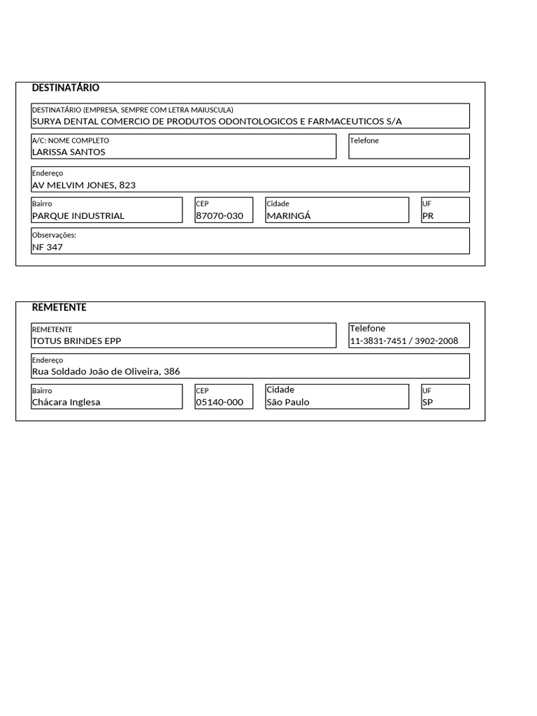 Remetente e Destinatário em PDF | PDF