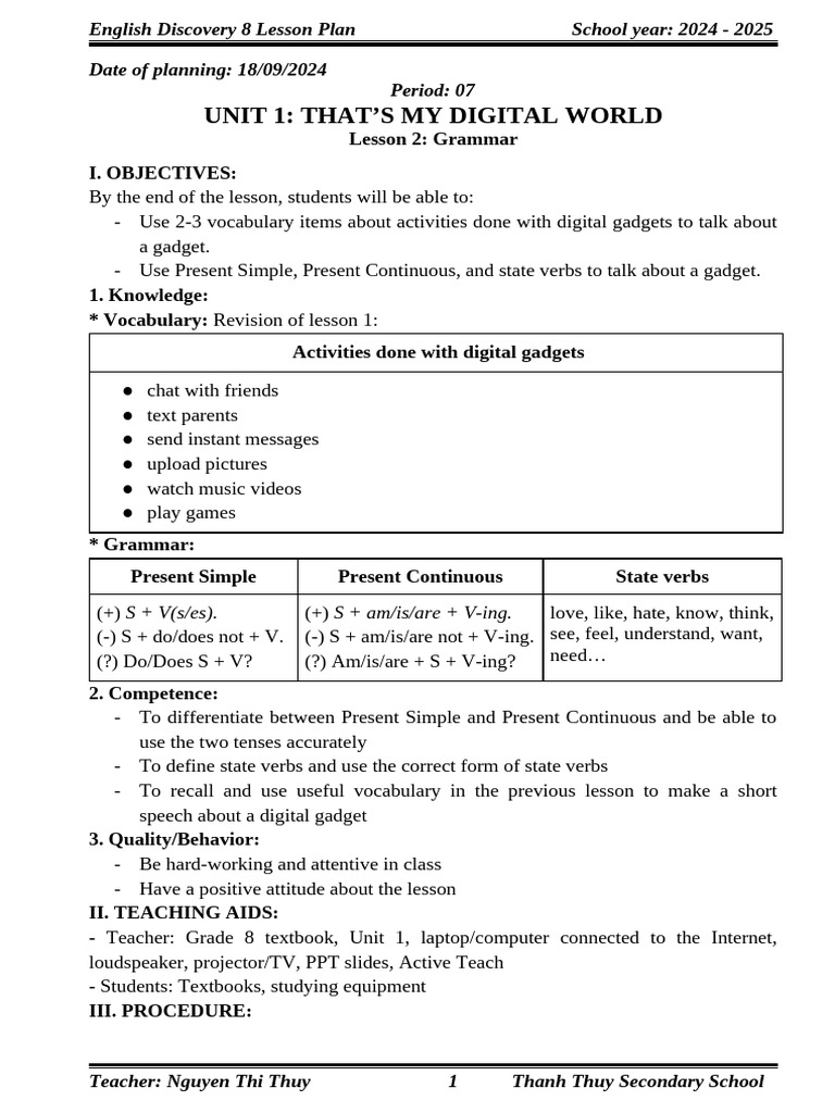 English Discovery 8 Lesson Plan: Grammar | PDF | Lesson Plan | English ...