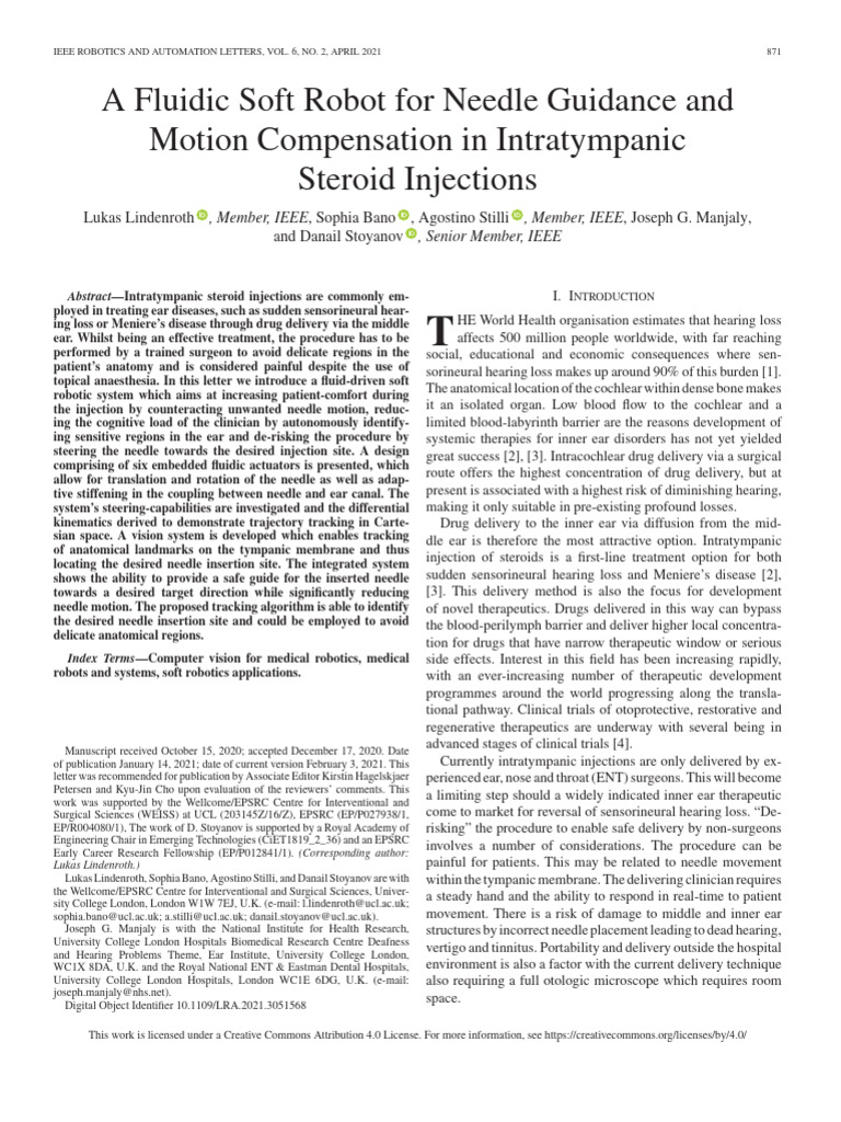 A Fluidic Soft Robot For Needle Guidance and Motion Compensation in Intratympanic Steroid ...
