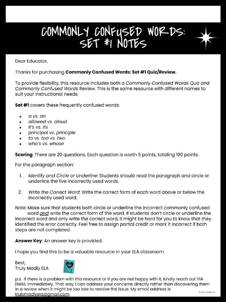 CommonlyFrequentlyConfusedWordsHomophonesQuizWorksheetReview5th6thFREE ...