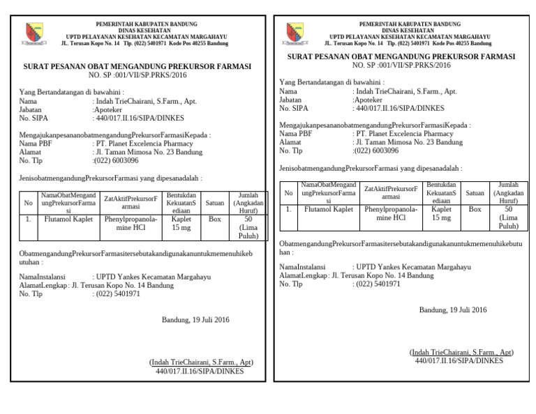 Surat Pesanan Obat Mengandung Prekursor Farmasi | PDF