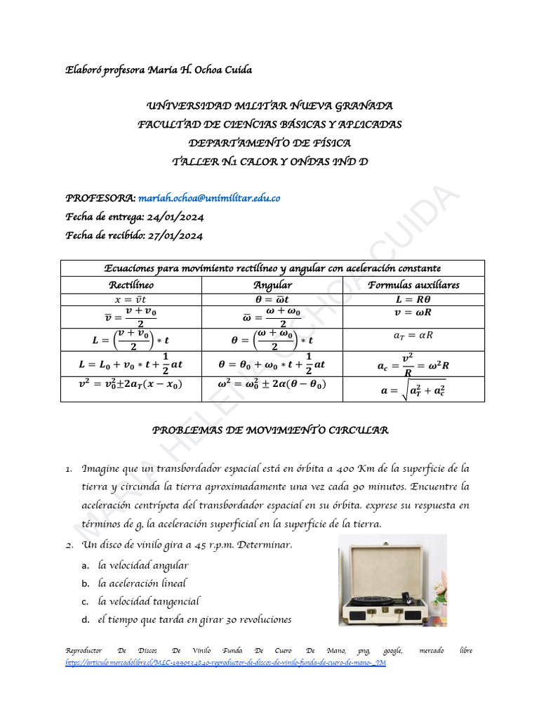 Taller I. Calor y Ondas | PDF | Aceleración | Mecanica clasica