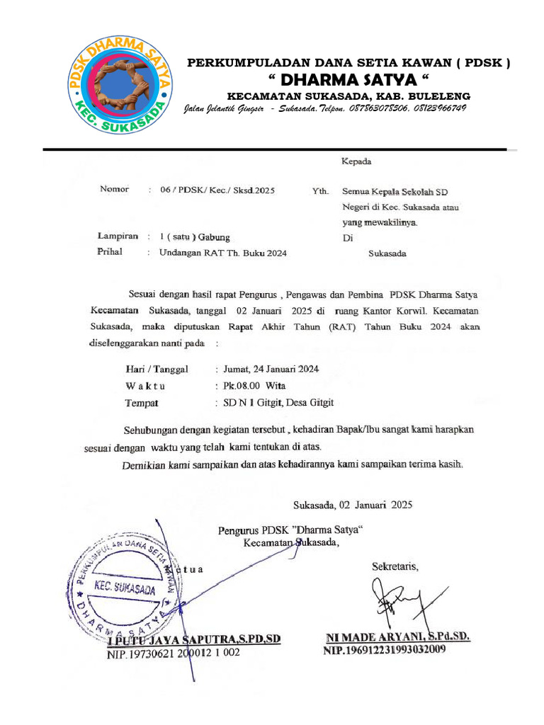 Surat Undangan RAT Dharma Satya Tahun Buku 2024 | PDF