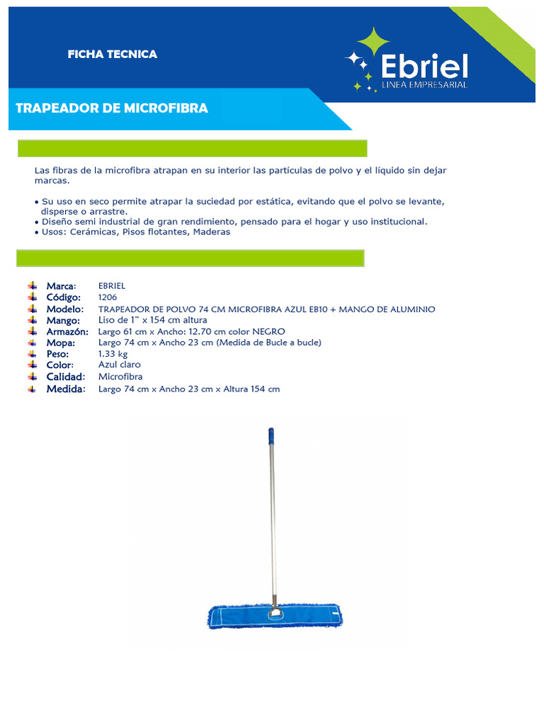 1206 Trapeador de Polvo 74 Cm. Microfibra Azul Eb10 Mango de Aluminio 1 ...