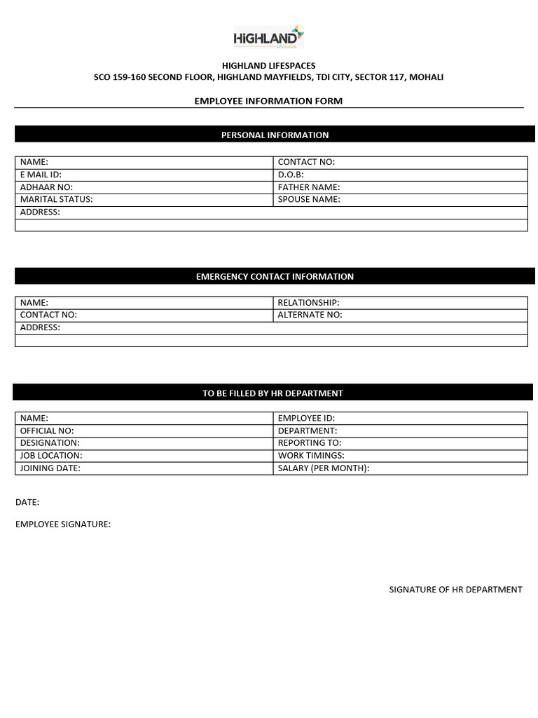 Employee Joining Information Form | PDF