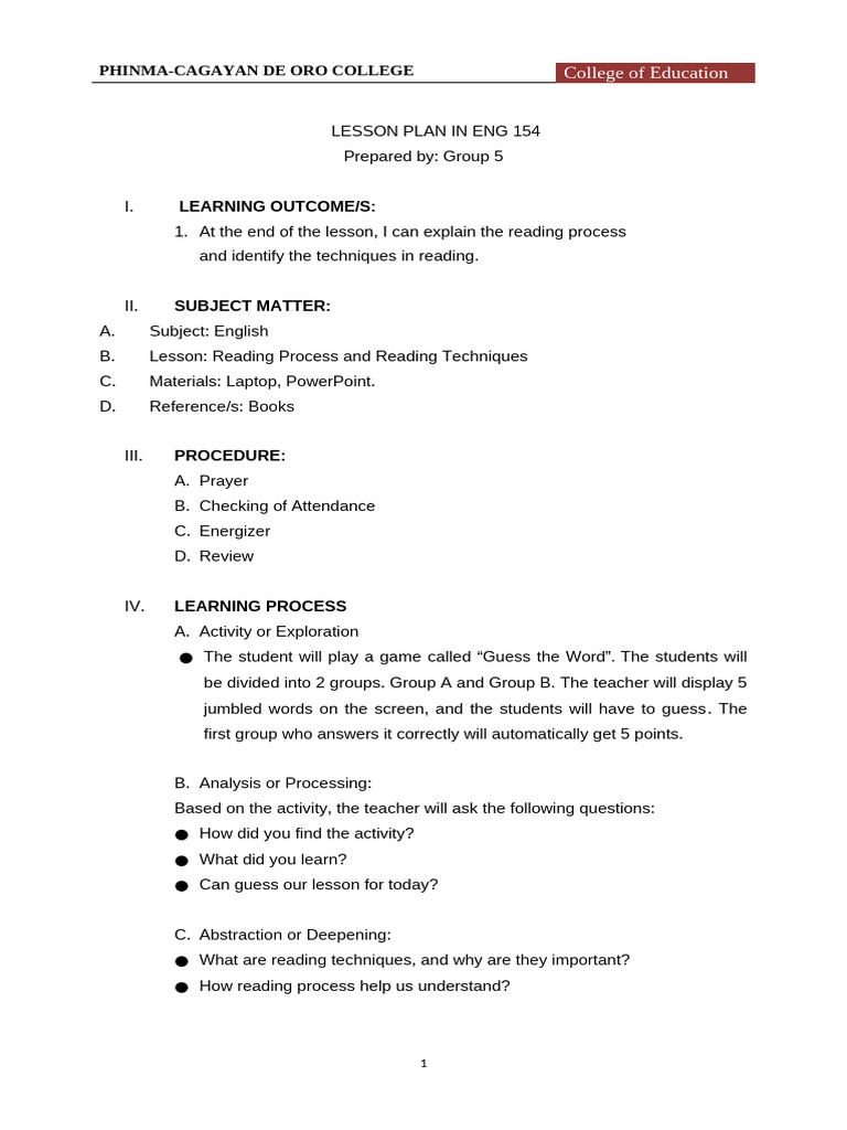 LESSON-PLAN-ENG-154 | PDF | Speed Reading | Reading Comprehension