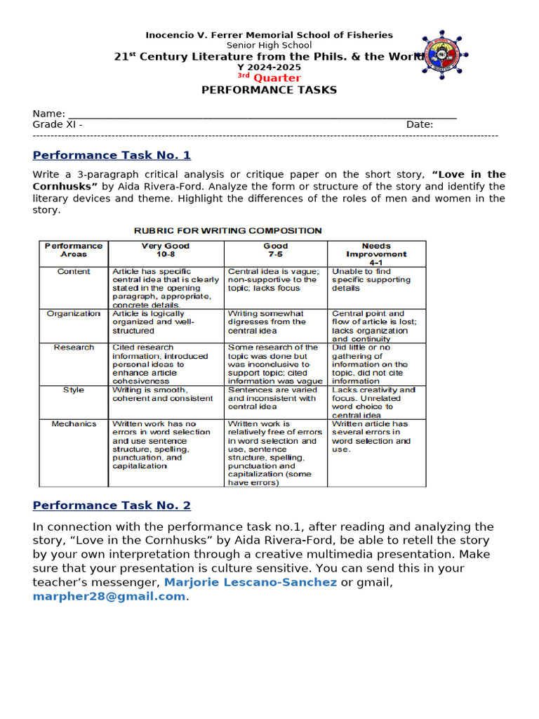 Performance Task No. 1: 21 Century Literature From The Phils. & The World Performance Tasks | PDF