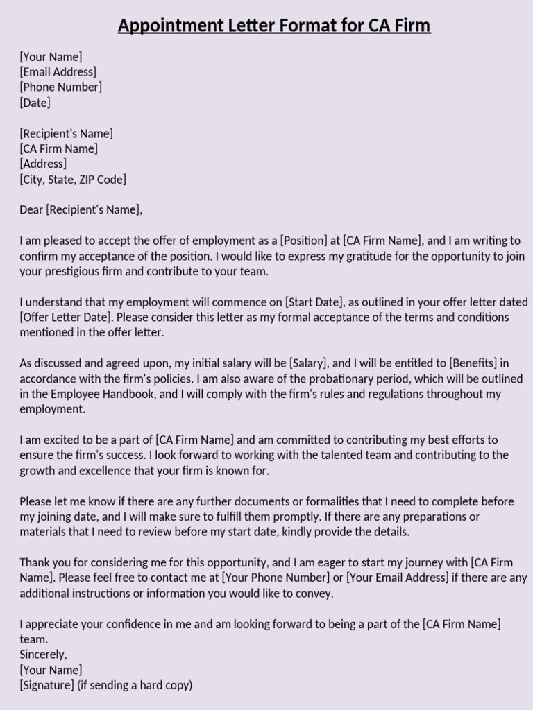 Appointment Letter Format For CA Firm | PDF
