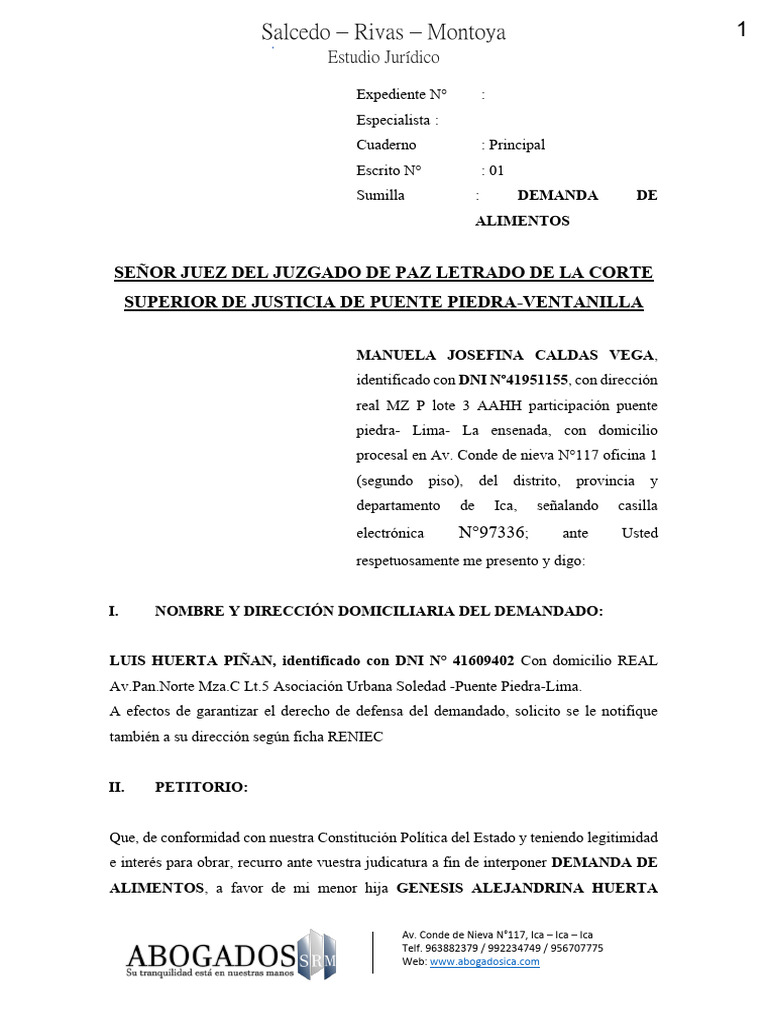 Escrito N°01 - Demanda Alimentos Manuela Caldas | PDF | Demanda judicial | Pensión alimenticia