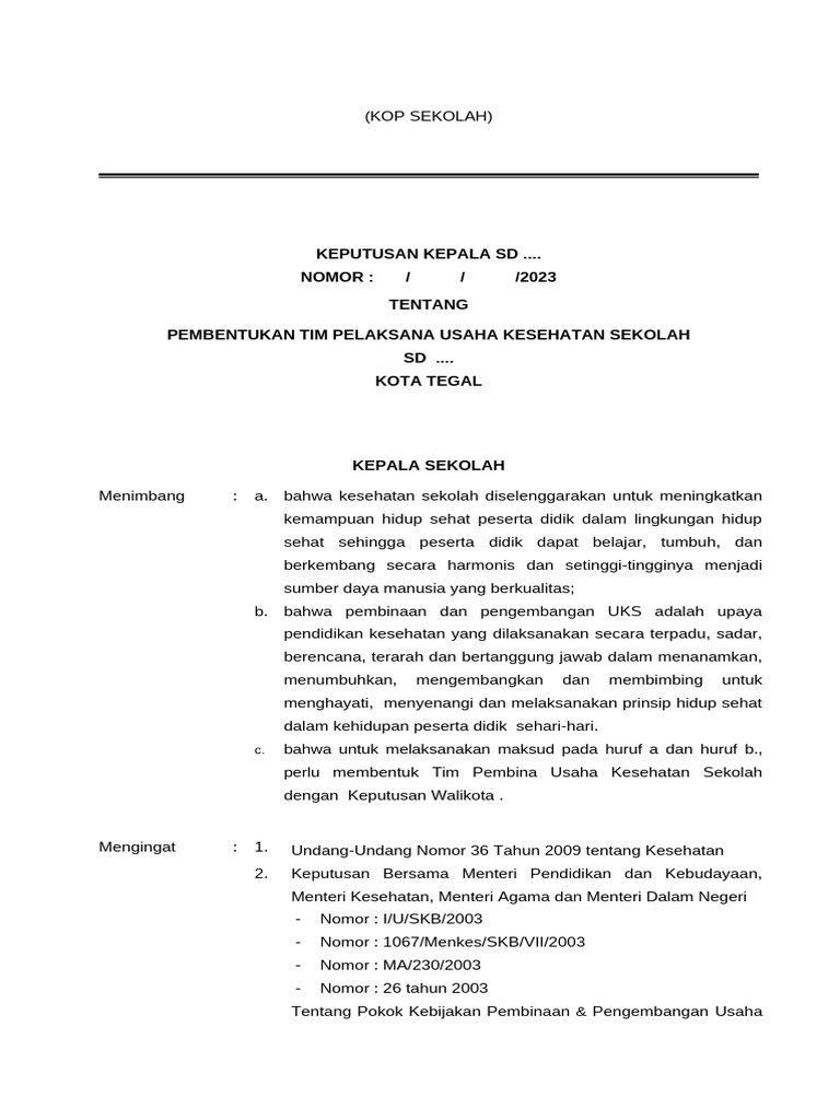 Form SK Tim Pembina Uks SD Tahun 2023 | PDF