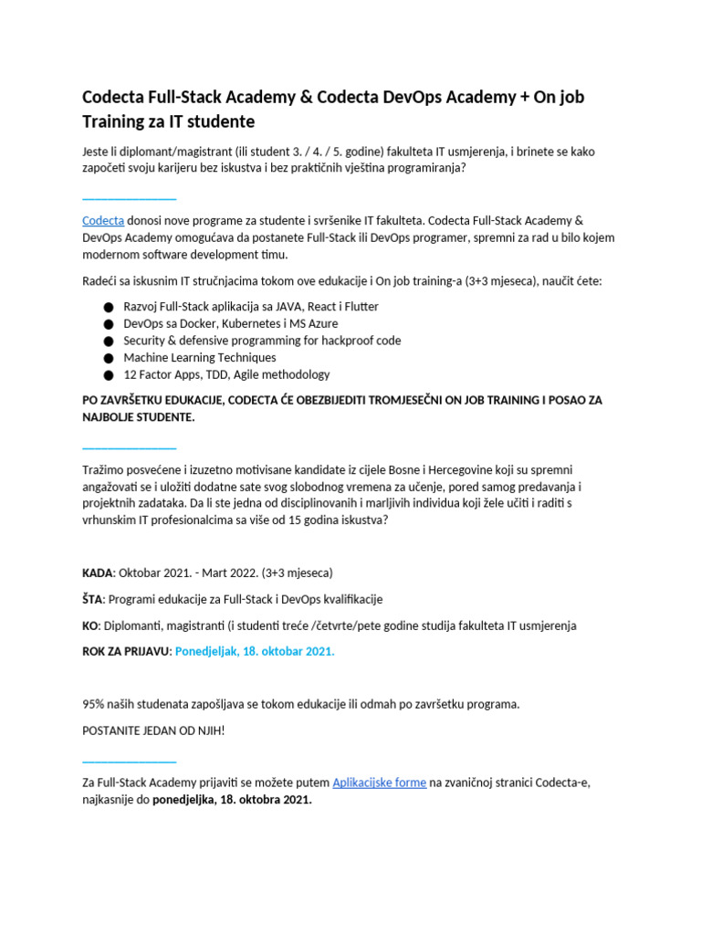 Objava - Codecta Full-Stack Academy & Codecta DevOps Academy 2021-2022 | PDF
