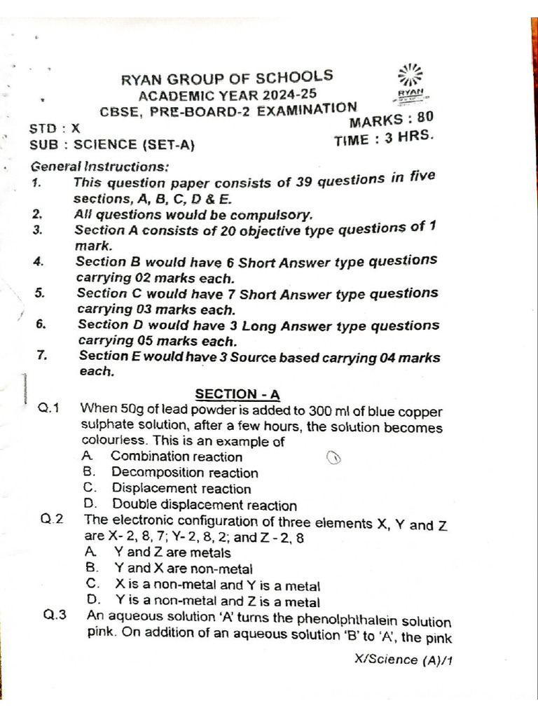 Science Preboard Class 10 (24 - 25) | PDF
