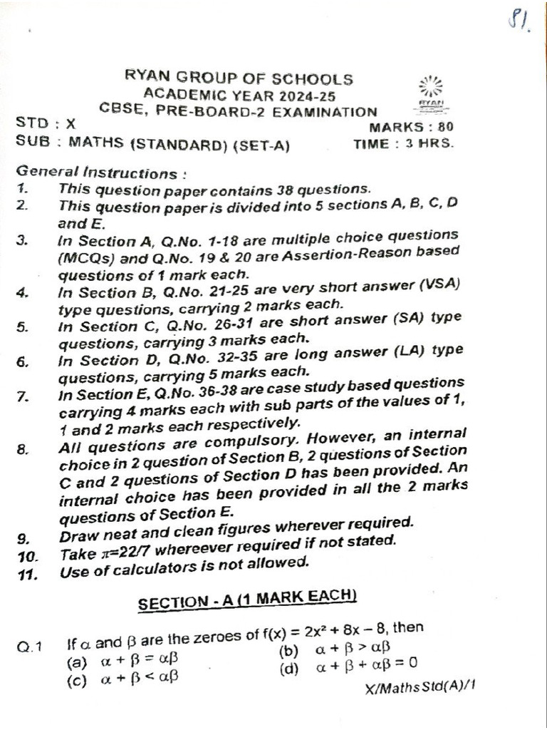 MATH PREBOARD 2 CLASS 10 ( 24_25) | PDF