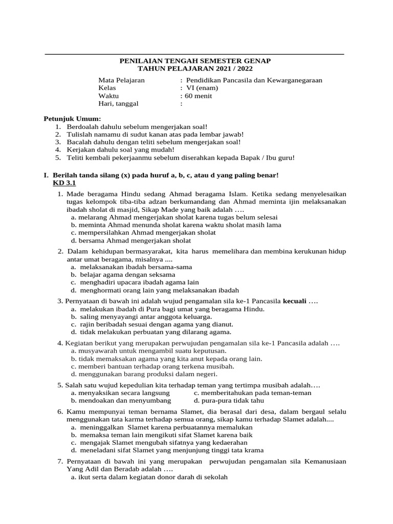 04 Soal PTS Genap PPKN Kelas 6 | PDF