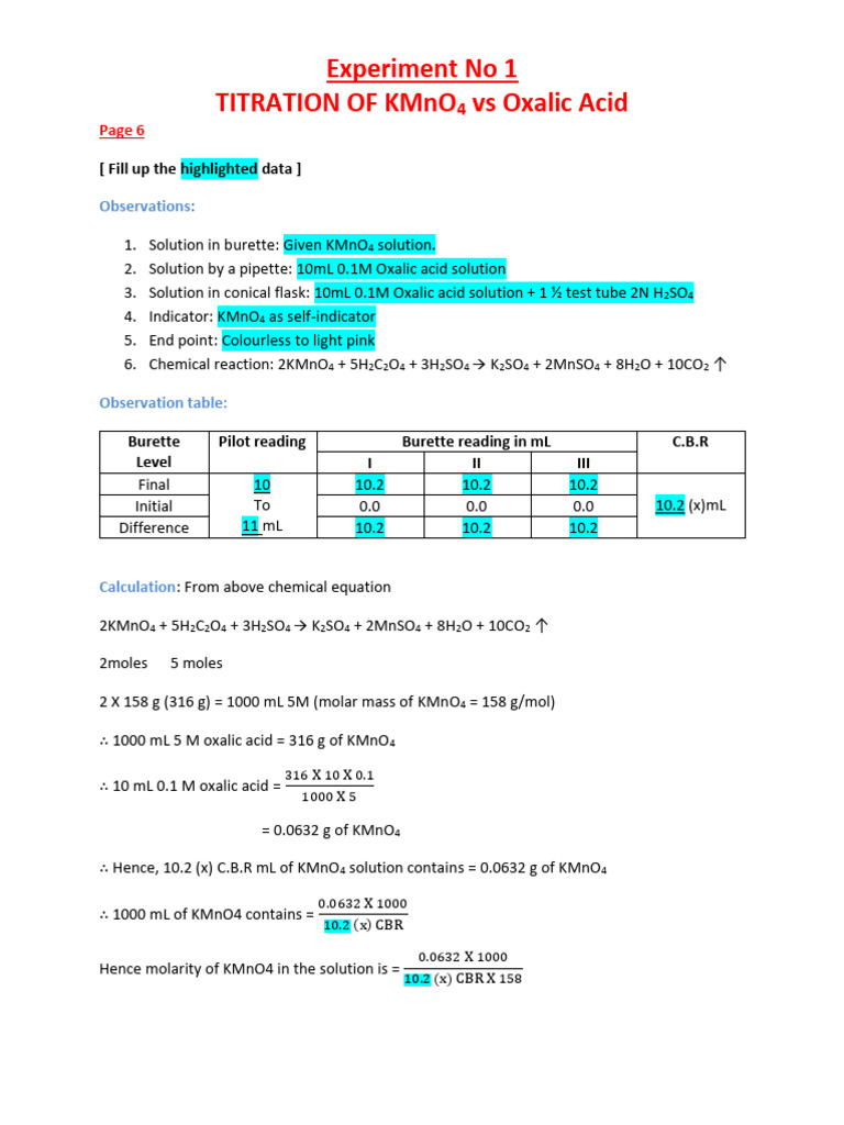 KMnO4 Titration and Enthalpy Experiments | PDF | Titration | Chemistry