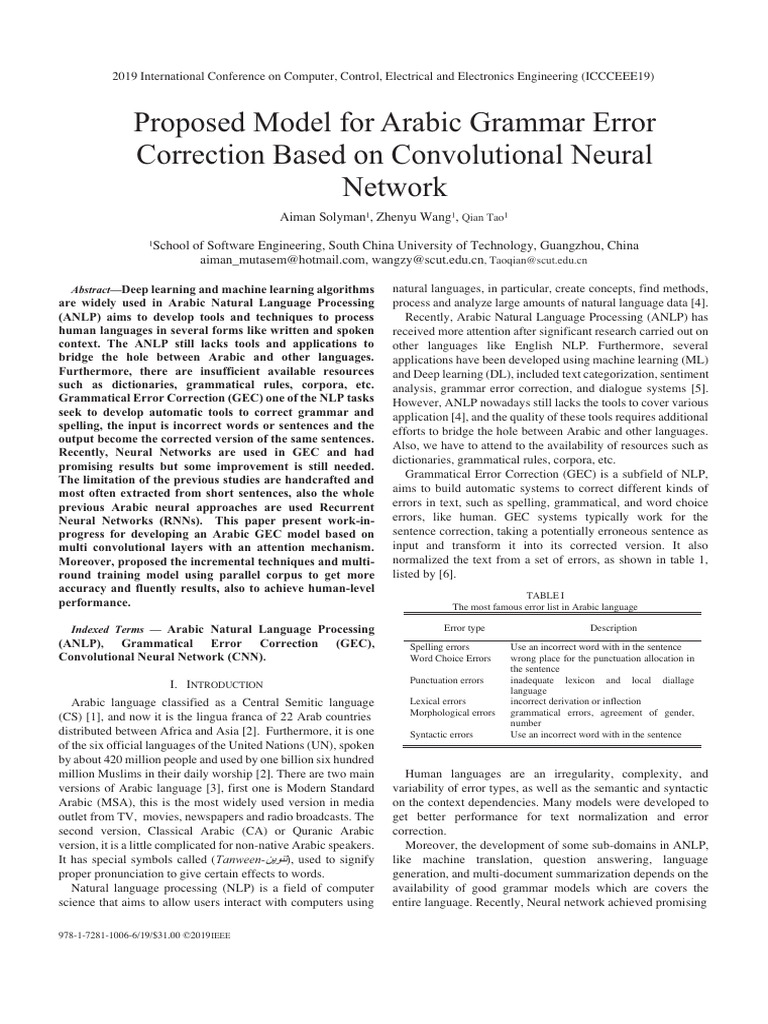 Proposed Model for Arabic Grammar Error Correction Based on CNN | PDF | Deep Learning | Machine ...