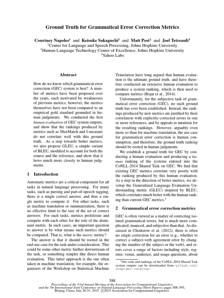 Ground Truth For Grammatical Error Correction Metrics | PDF | Linguistics | Applied Linguistics