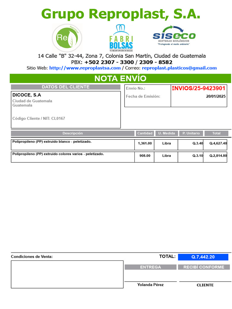 Factura de Envío: Polipropileno Reproplast | PDF