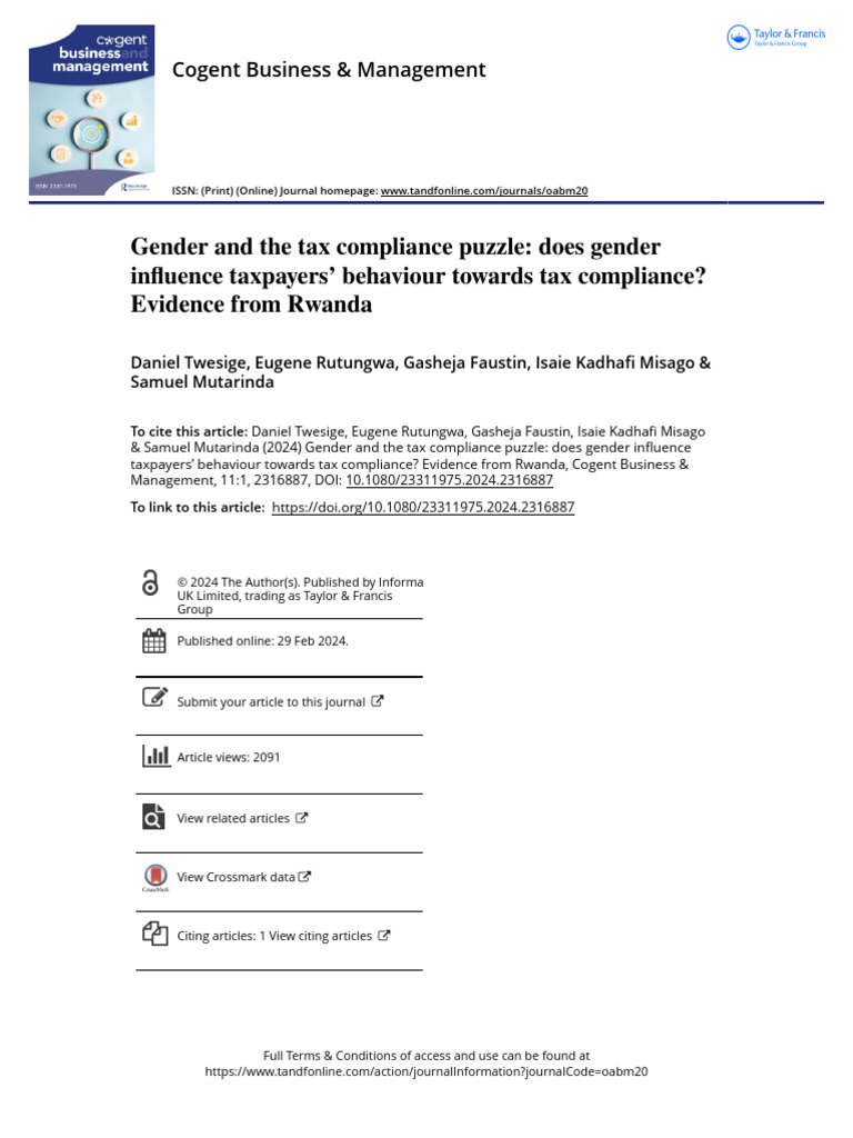 Gender and The Tax Compliance Puzzle Does Gender Influence Taxpayers Behaviour Towards Tax ...