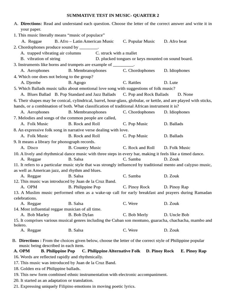 SUMMATIVE TEST IN MUSIC Q2 | PDF | Musical Instruments | Reggae