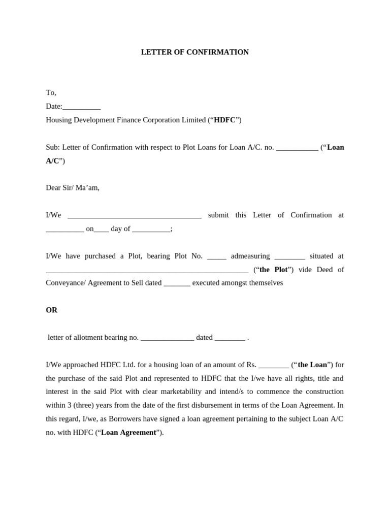 Plot Loan Confirmation Letter | PDF | Loans | Indemnity