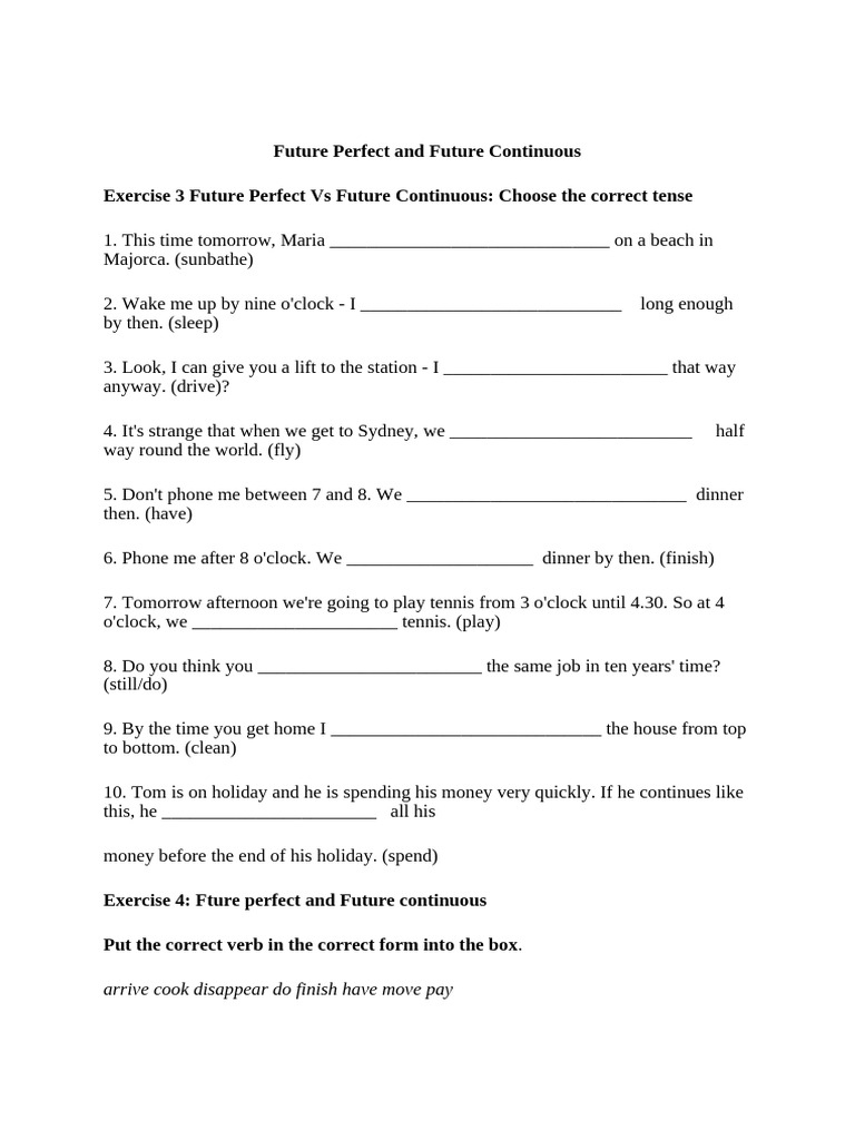 Future Perfect vs Continuous Exercises | PDF | Linguistics