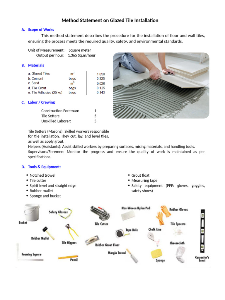Sample Method Statement On Glazed Tile Installation | PDF | Tile | Adhesive