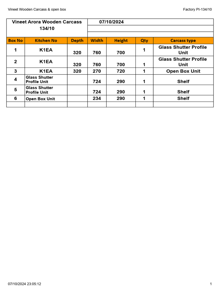 Factory PI-134 - 10 Vineet Wooden Carcass & Open Box | PDF