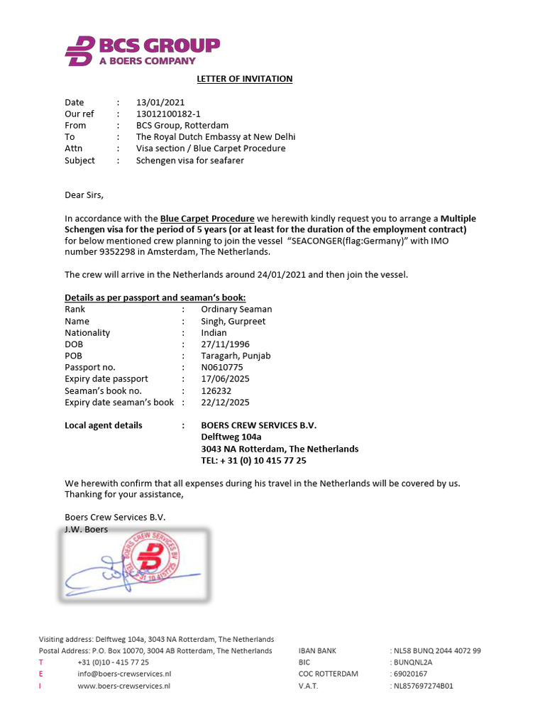 Schengen Visa Invitation for Seafarer | PDF
