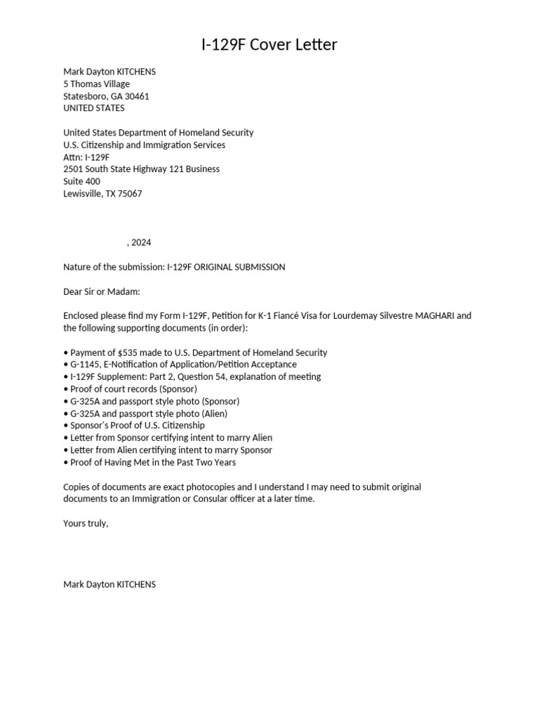 1748296 Kitchens Md I-129f Cover Letter | PDF