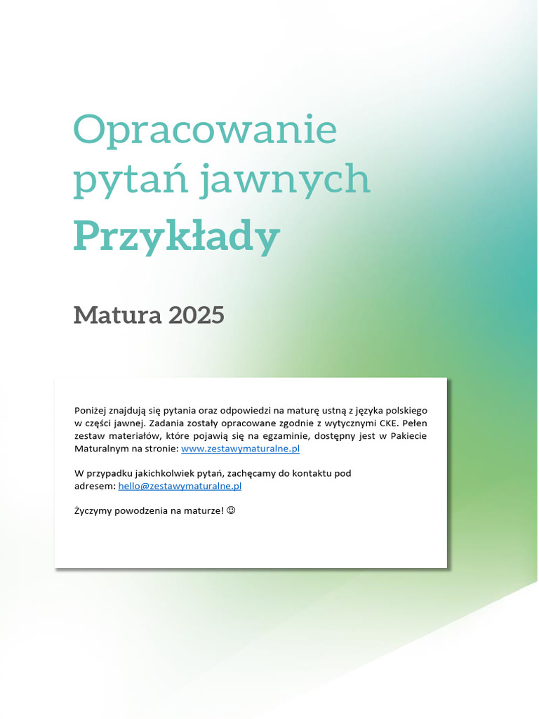 Matura Ustna Język Polski - Pytania Jawne 2025 | PDF