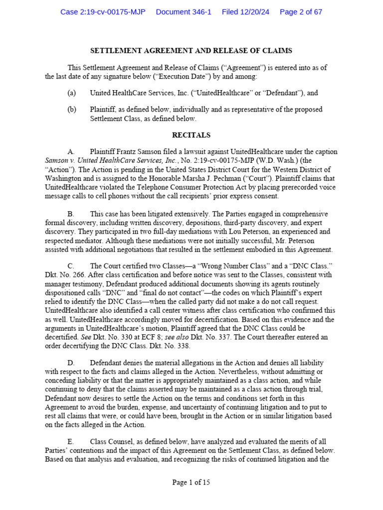 Samson V United Healthcare Services Inc. Settlement Agreement | PDF ...