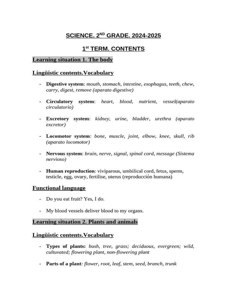 2nd Grade. Science. Contents. 1st Term II | PDF