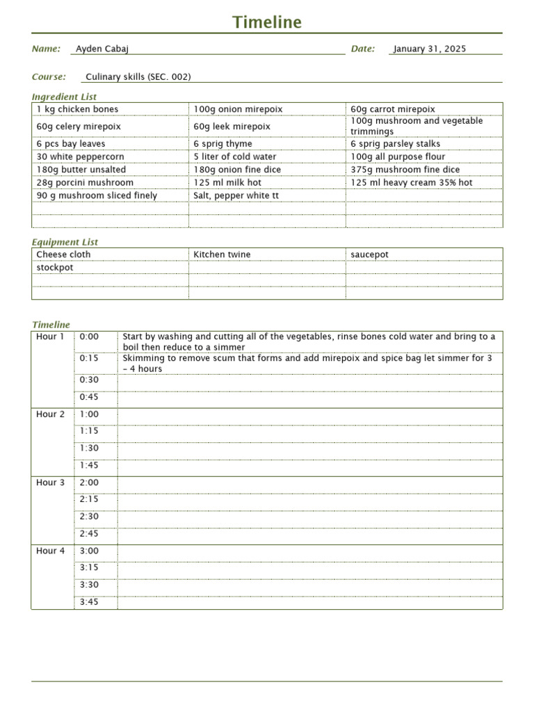 Culinary Skills: Stock Preparation Timeline | PDF