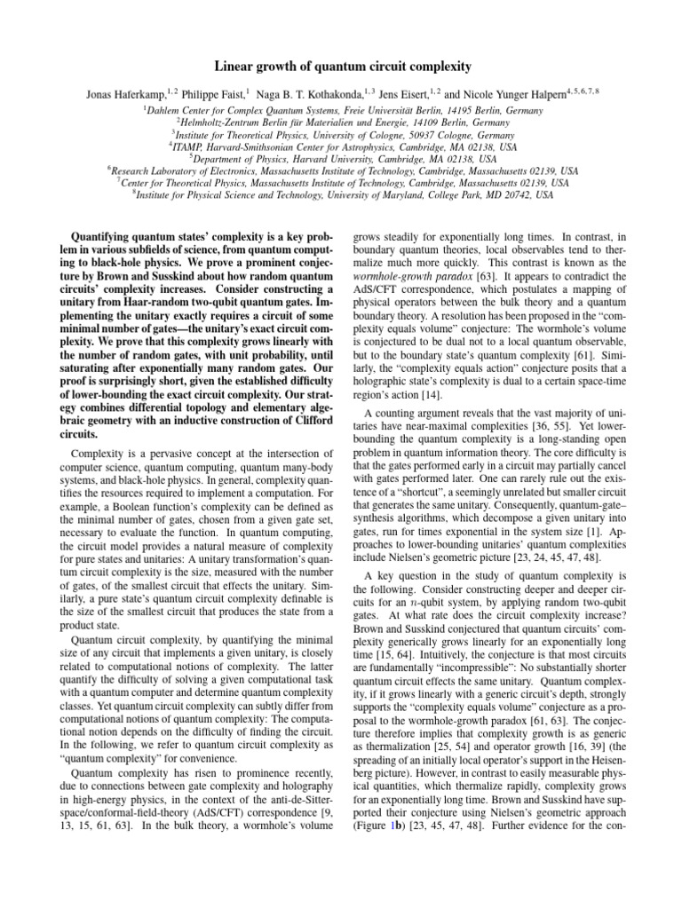 Linear Growth of Quantum Circuit Complexity | PDF | Complexity ...