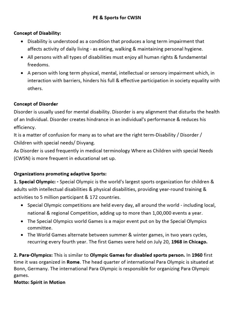 Inclusive Sports for CWSN | PDF | Inclusion (Education) | Disability
