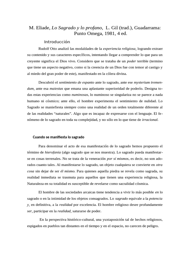 Lo Sagrado y lo Profano: Análisis | PDF | Experiencia