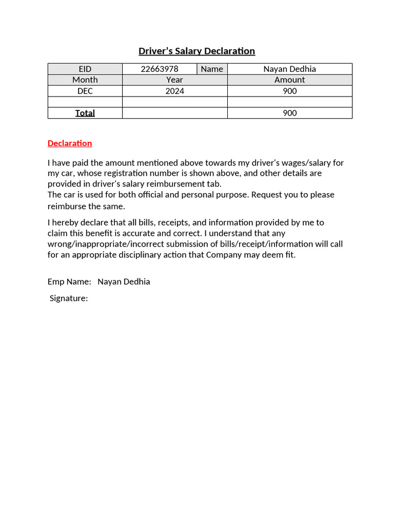 Driver Salary Declaration Dec 2024 | PDF