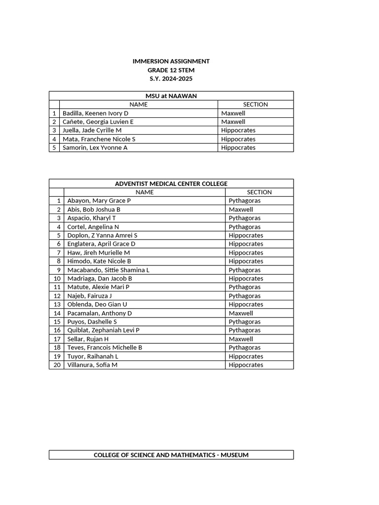 Grade 12 STEM Immersion Assignment List | PDF
