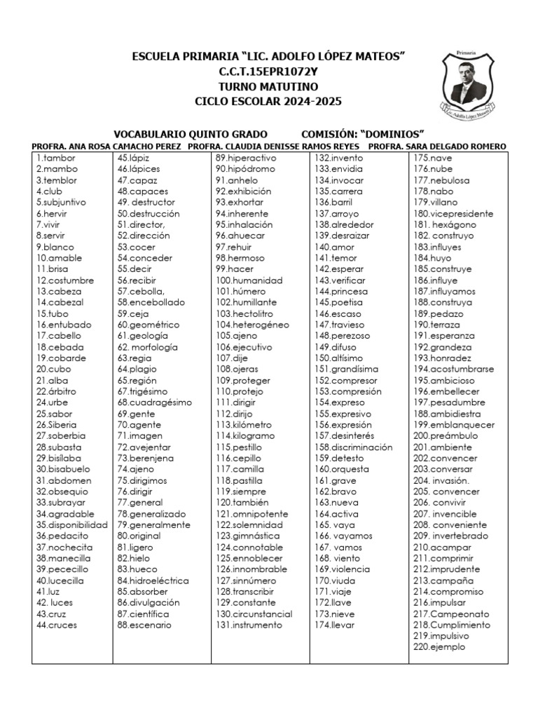 Vocabulario Quinto Grado | PDF