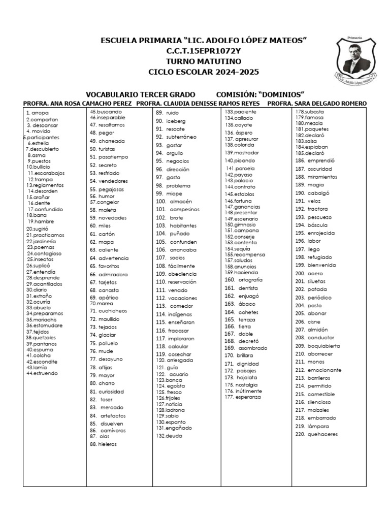 Vocabulario 3er Grado 2024-2025 | PDF