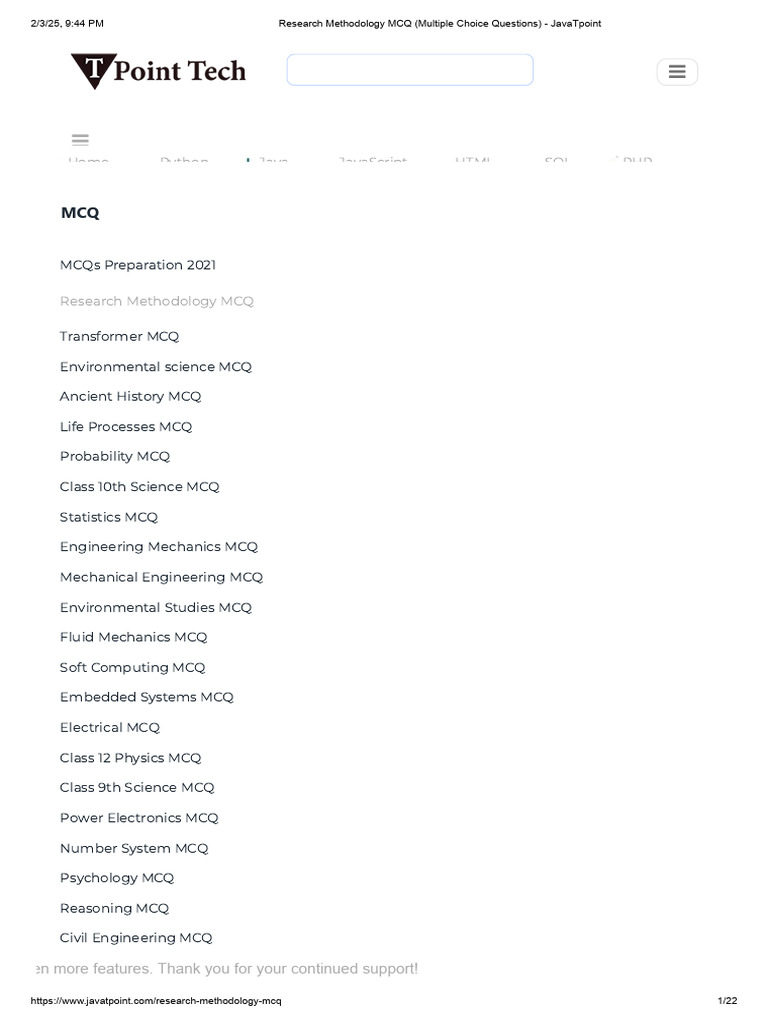 Research Methodology MCQ (Multiple Choice Questions) - JavaTpoint | PDF | Sampling (Statistics ...